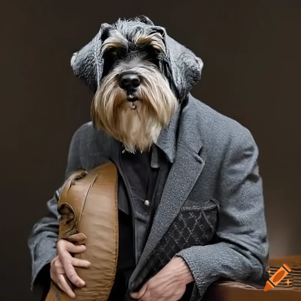 Schnauzer blind folk singer with a huge boot on Craiyon
