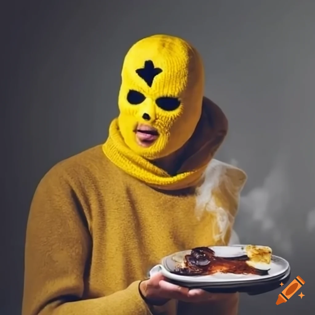 Man in yellow ski mask serving vinyl record pancakes in Paris on Craiyon