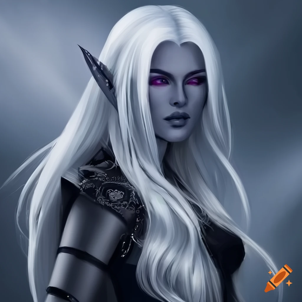 Portrait of a drow priestess with purple eyes and long silky white hair ...