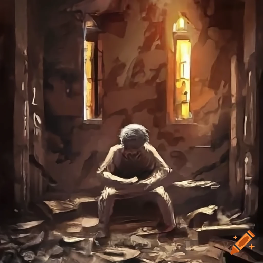 Devastated man sitting in front of a burnt down medieval building on ...