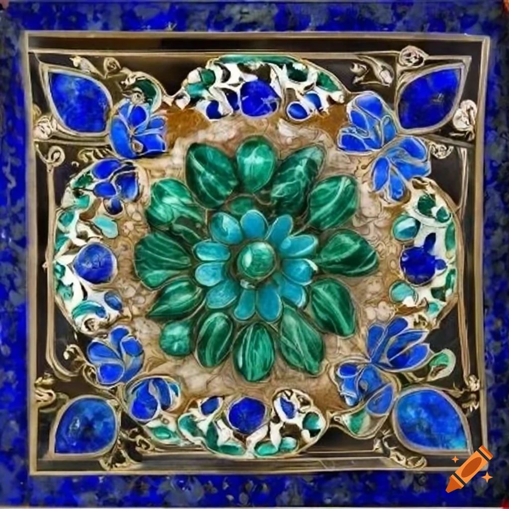 Lapis lazuli and malachite stone floral inlay table top on Craiyon