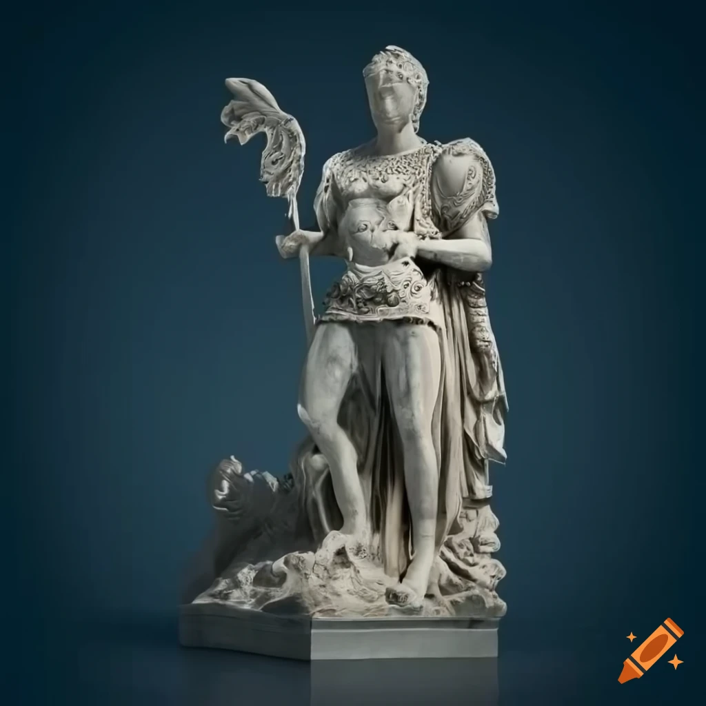 Stone statue of a human in armor with waves crashing around the ...