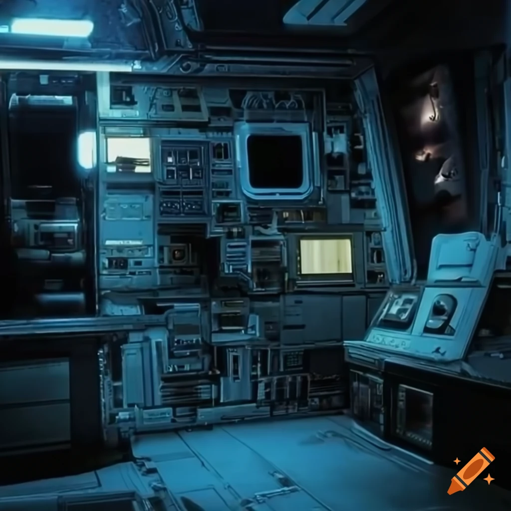 Sci-fi movie scene inside a detailed spaceship with computers, machines ...