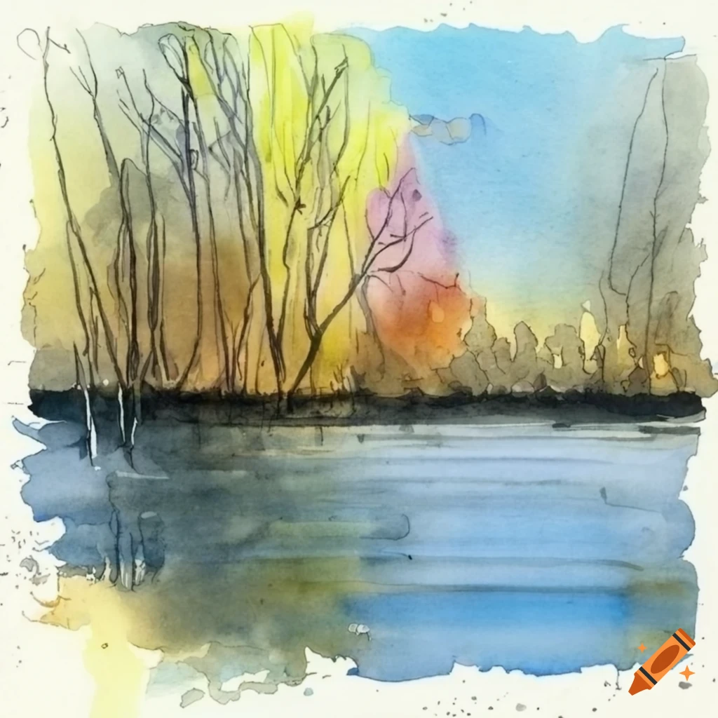 Watercolor over ink sketch of a spring lake on Craiyon