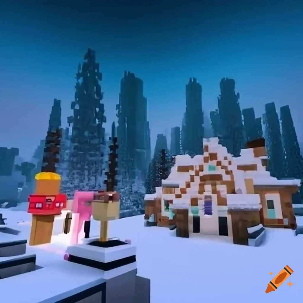 Chubby squirrel enjoying sweets on a snowy village swing in minecraft on Craiyon