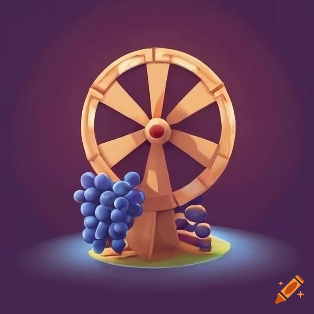 Stylized wheel of fortune with grapes and windmills for sustainable ...