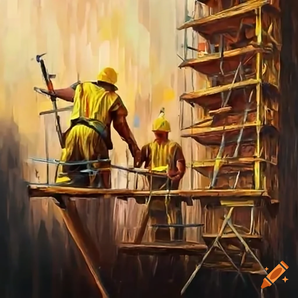 Construction crew building a towering structure in the rain with wooden ...