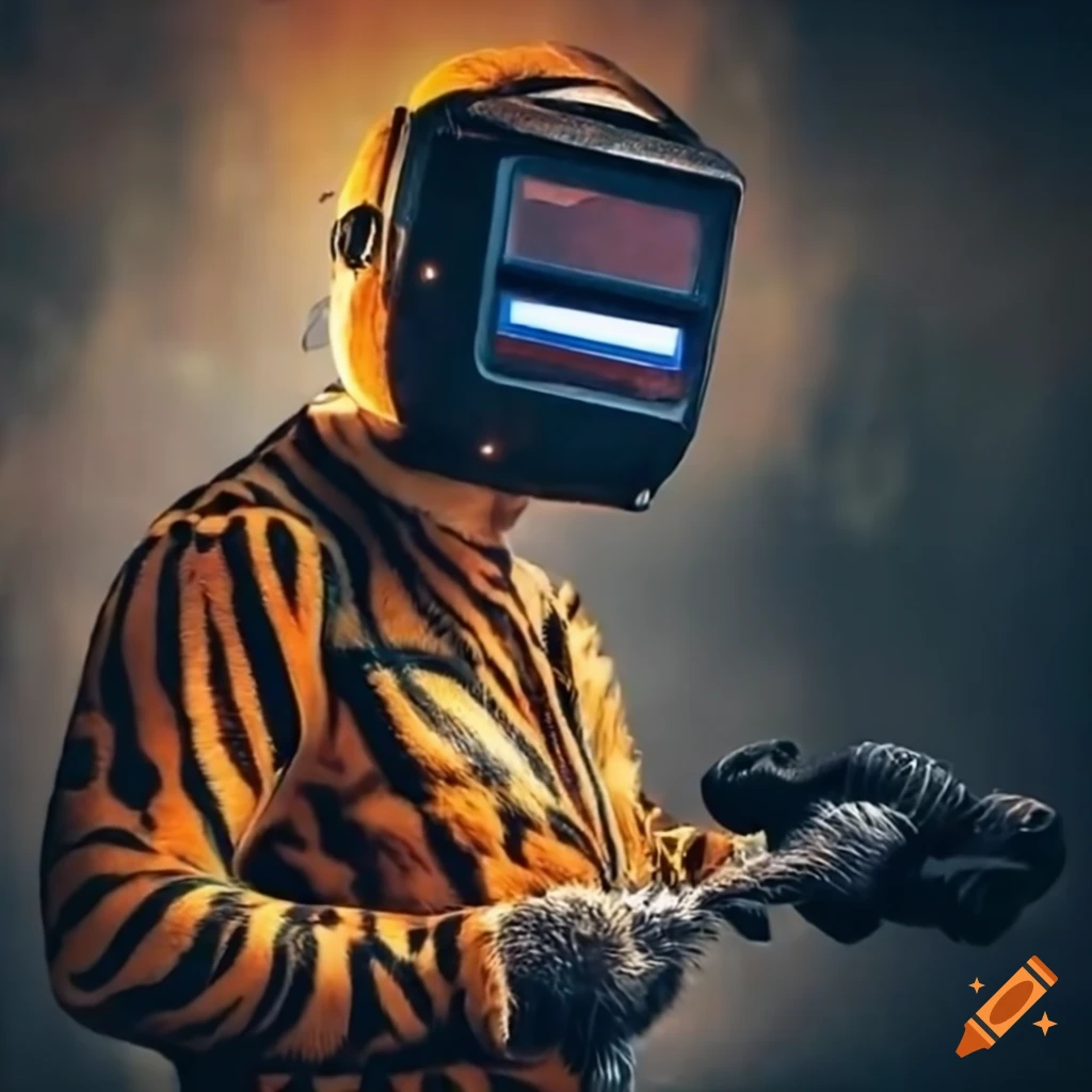 Tiger with welding helmet and equipment on Craiyon
