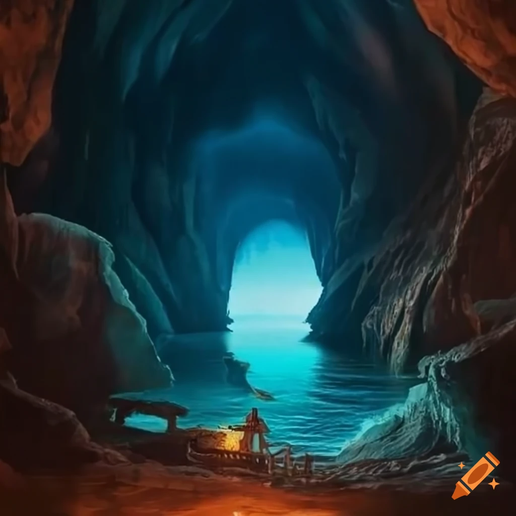 Ship in a cave at a wooden dock on Craiyon