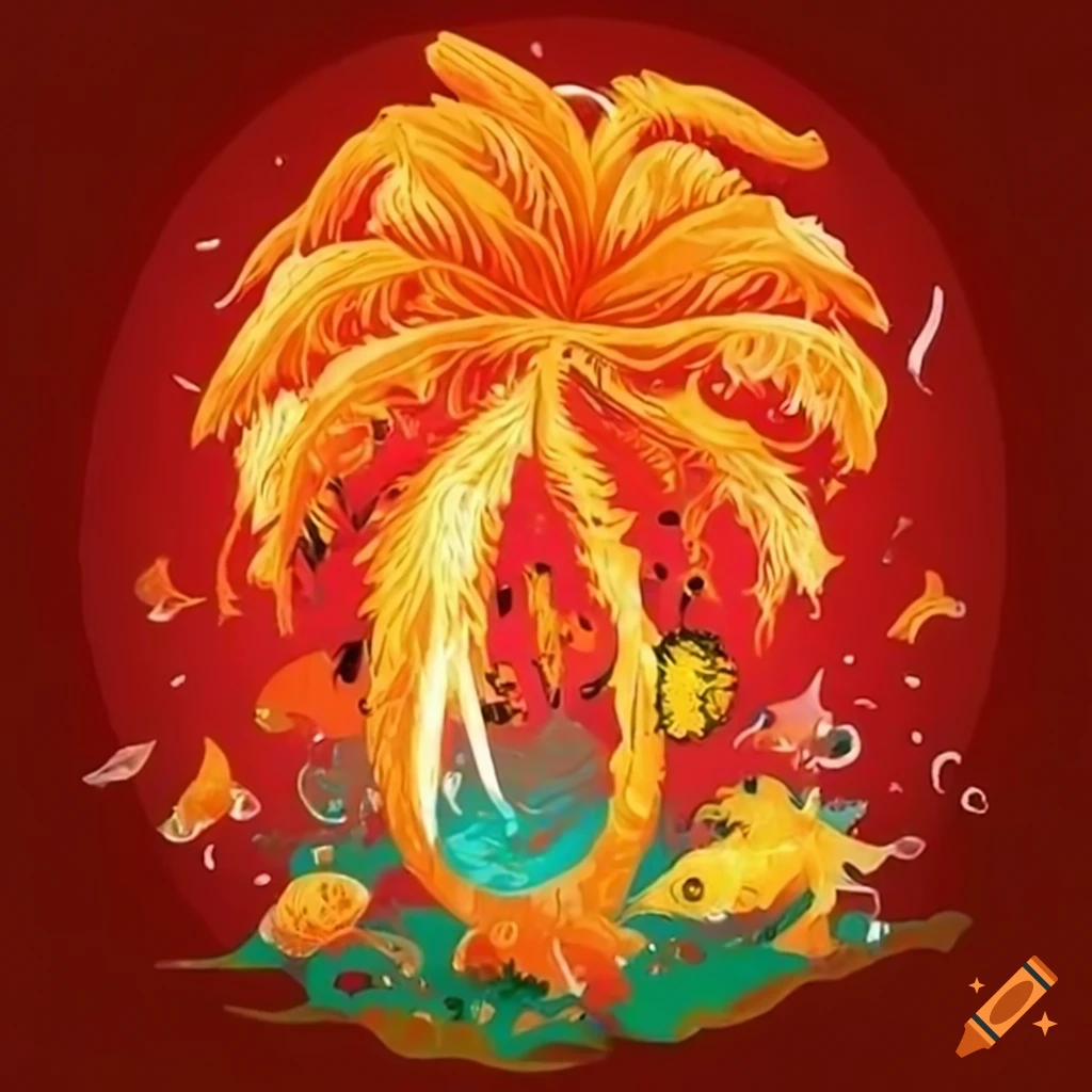 Goldfish made of fire talking to a traveler under a palm tree on Craiyon