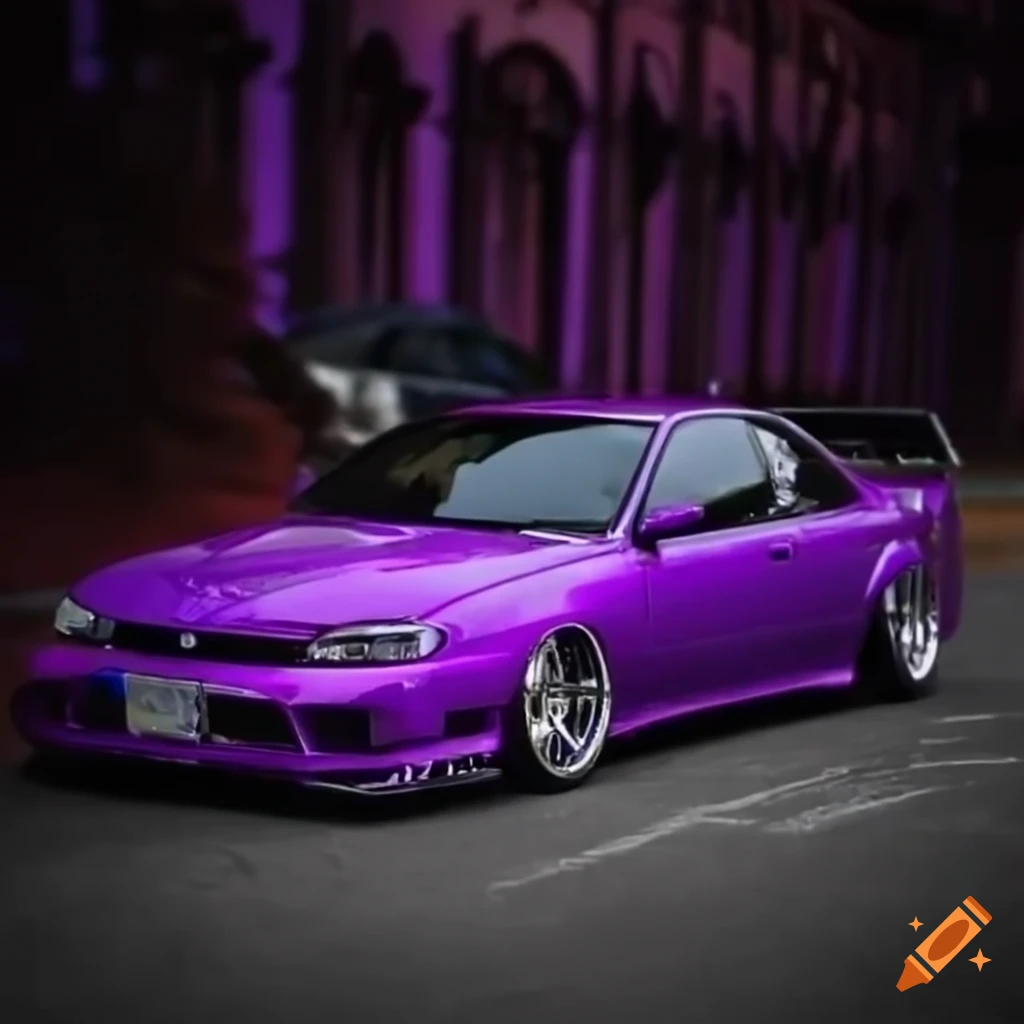 Shiny purple drifting sports car with low body and hollow rims on Craiyon