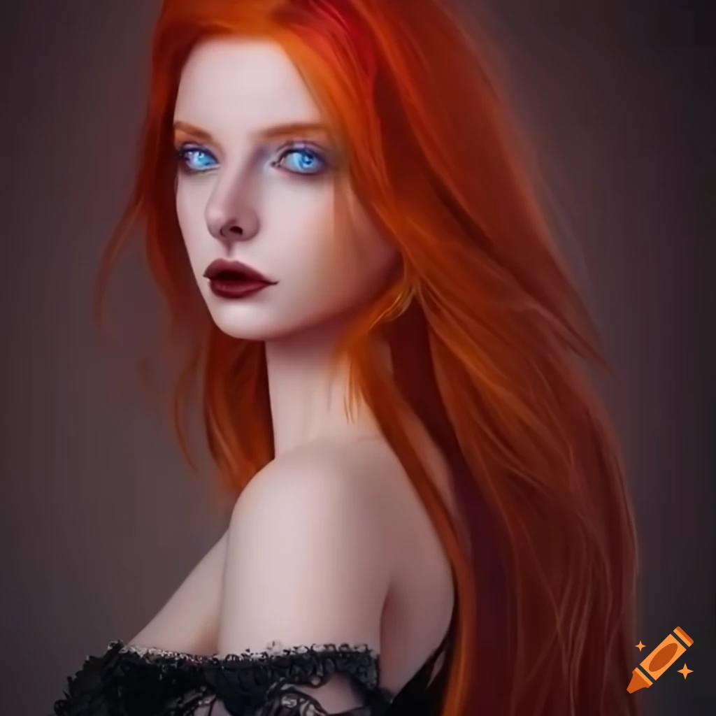 Ethereal young woman with fiery red hair and magical charm in a black ...