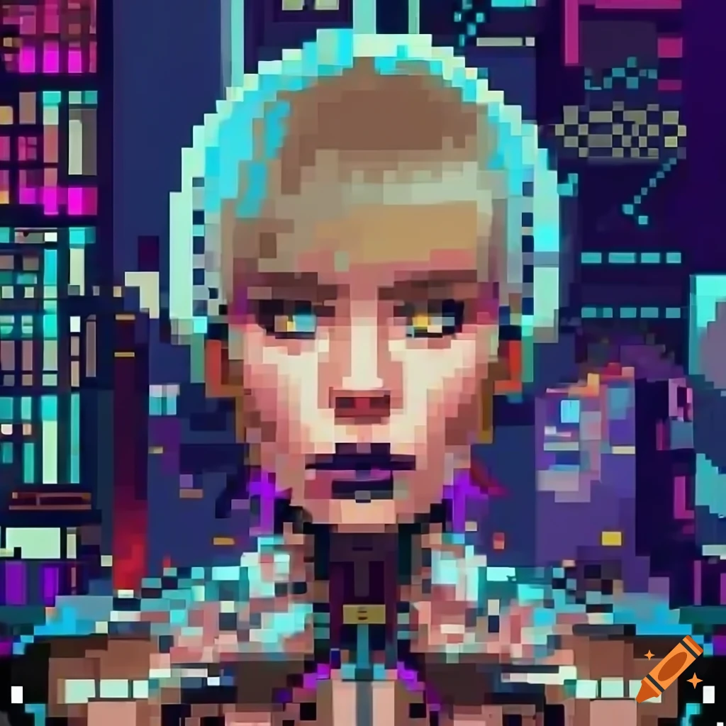 Pixel art portrait of russian android cyborg girl on cyberpunk ...