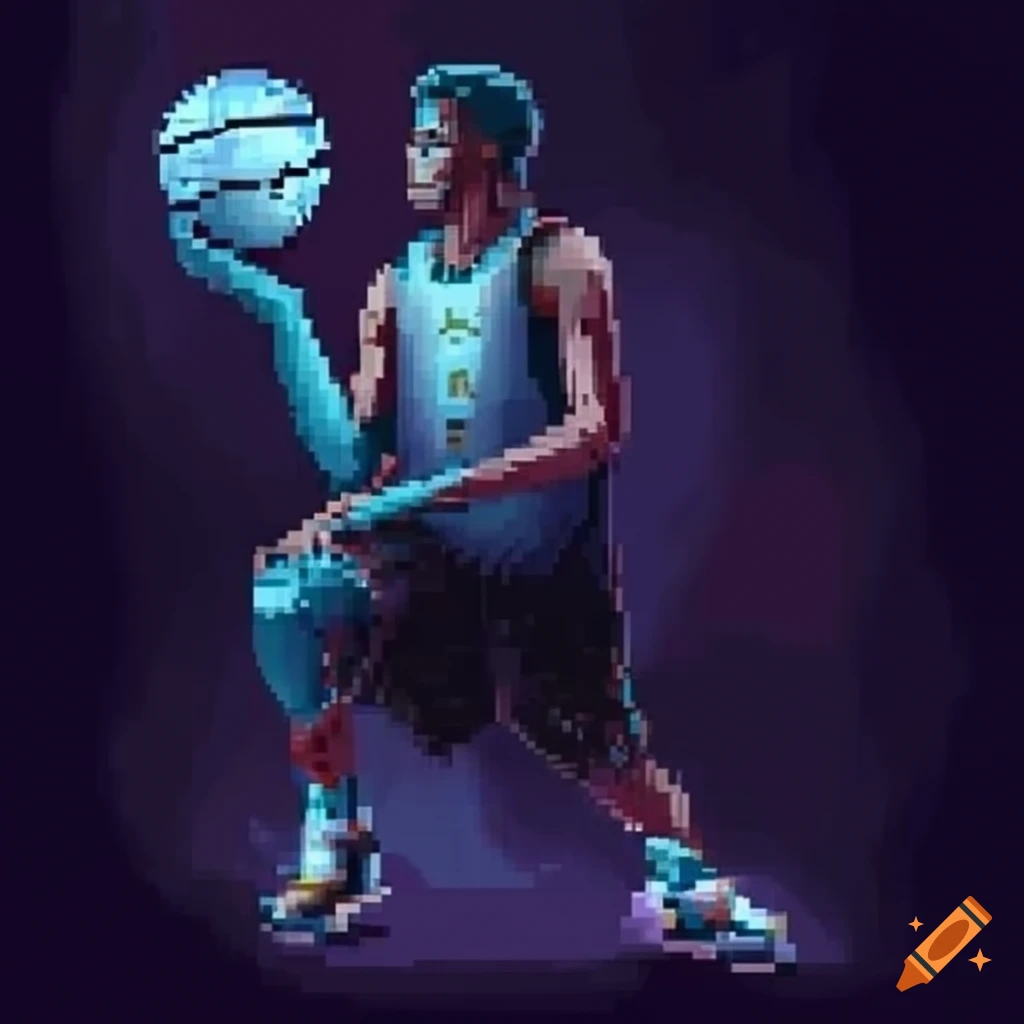 Pixel art depiction of a dark magic ghost basketball player on Craiyon