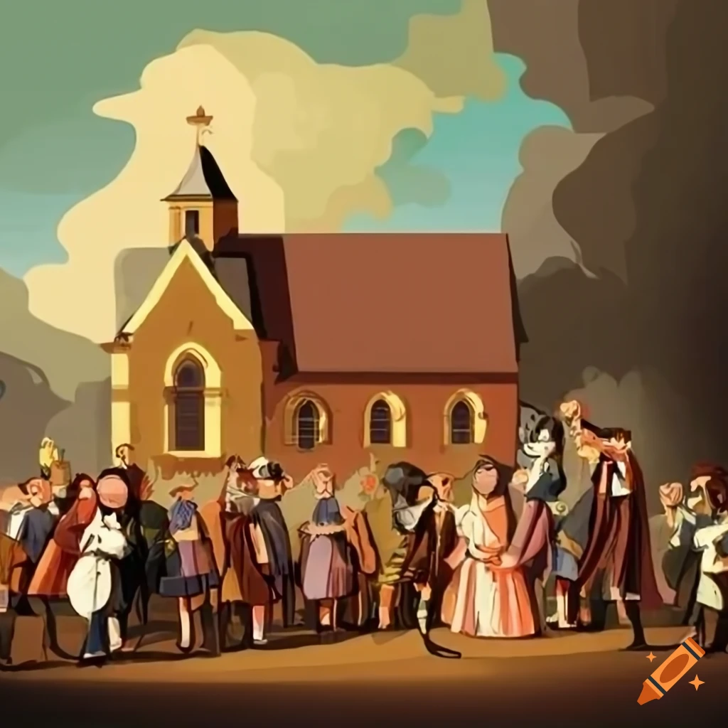 Cartoon of 17th century people in front of a church on Craiyon