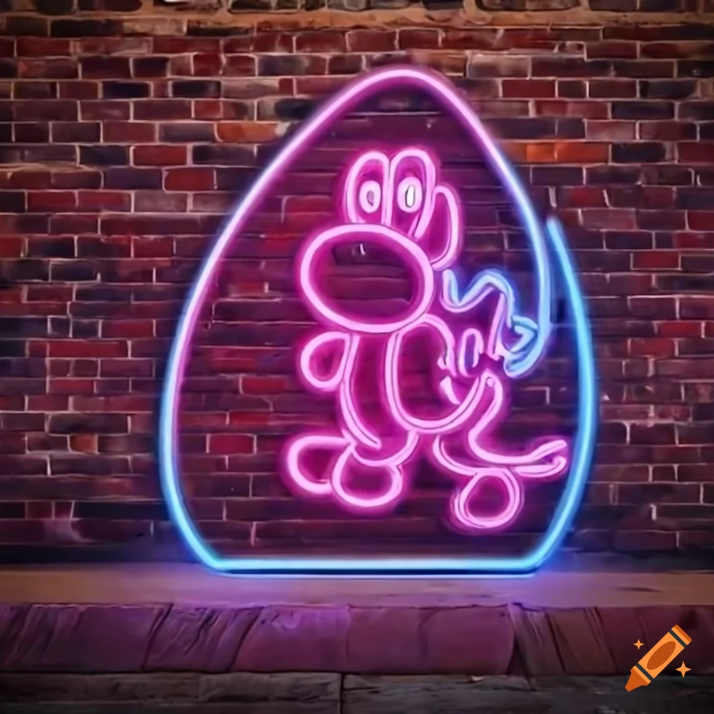 Surreal neon sign of egg with yoshi in front of a brick wall on Craiyon