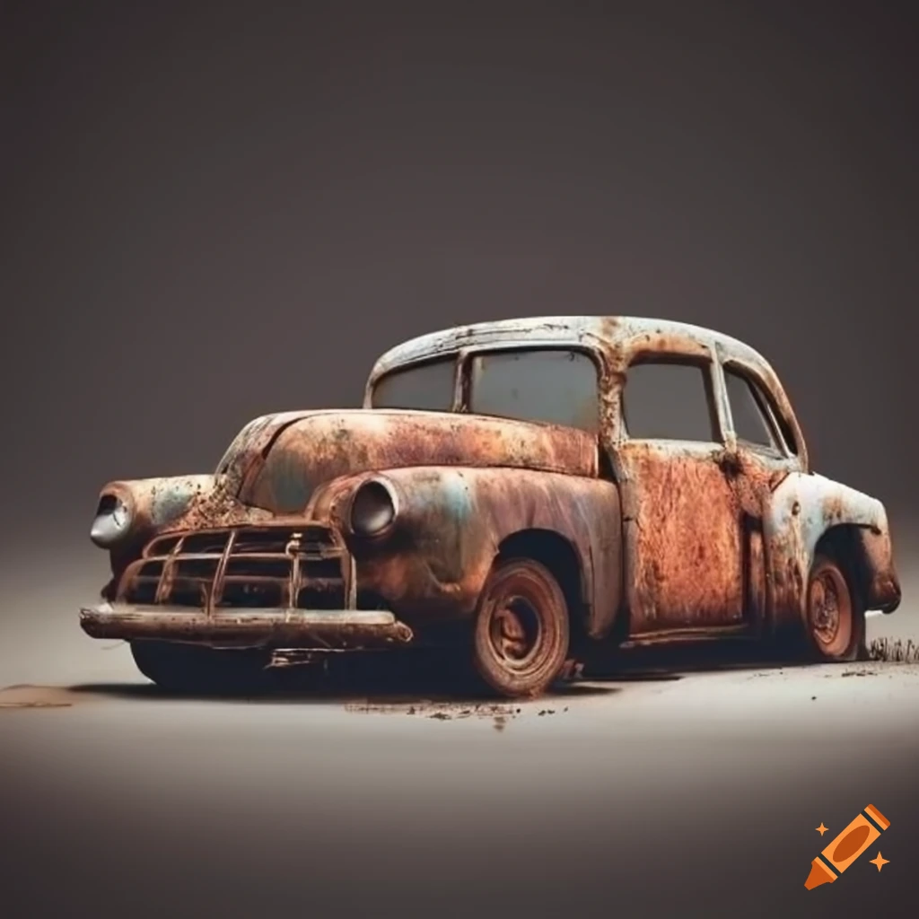 Post-apocalyptic rusty old car in side view on Craiyon
