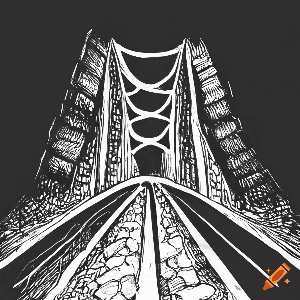 Hand-drawn black and white illustration of an apocalypse highway bridge ...