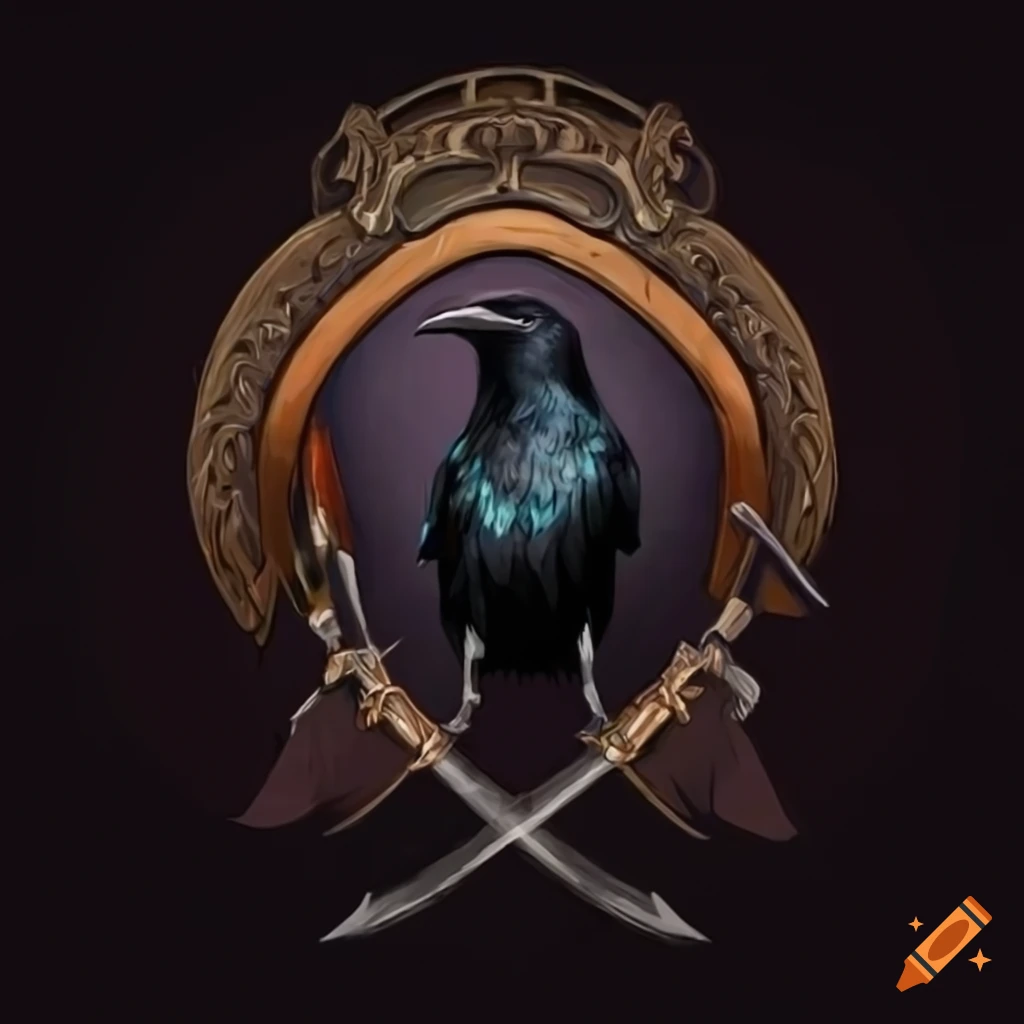 Raven flying against a shield with swords in the background on Craiyon