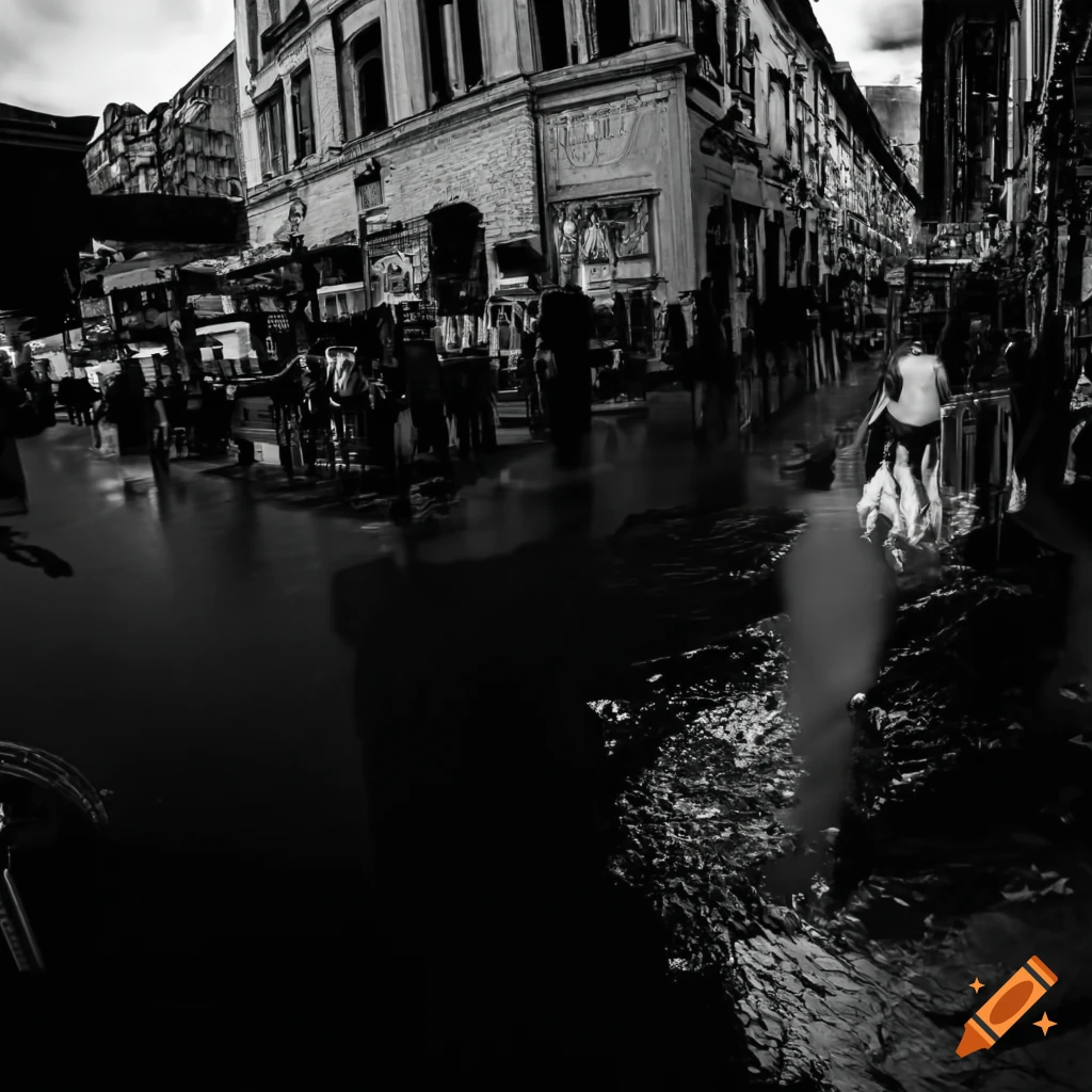 Fish-eye view of a busy city street in grayscale on Craiyon