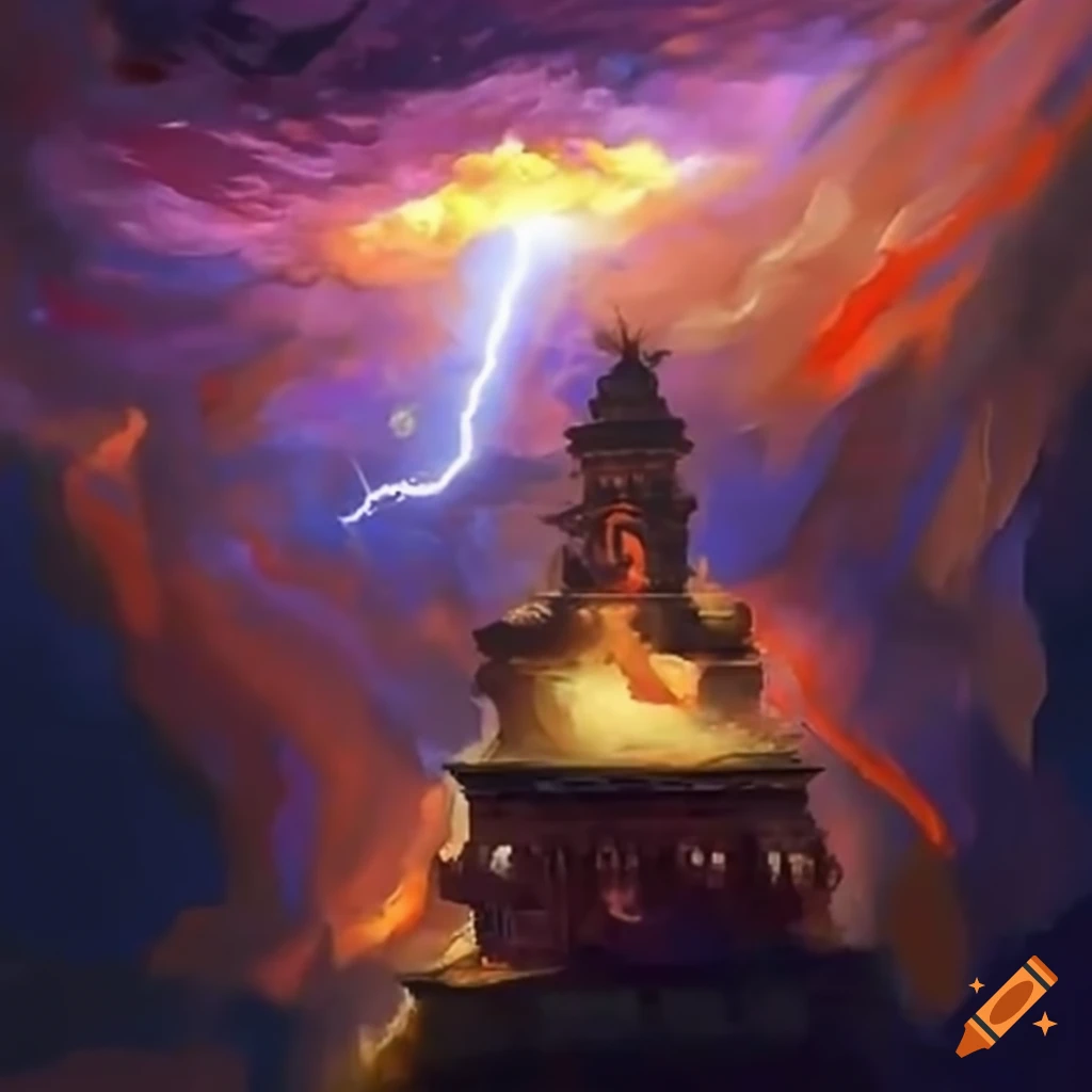 Bolt of lightning striking a temple dedicated to Helios with sparks ...