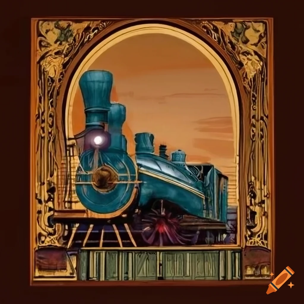 Art deco style locomotive train with art nouveau border on Craiyon