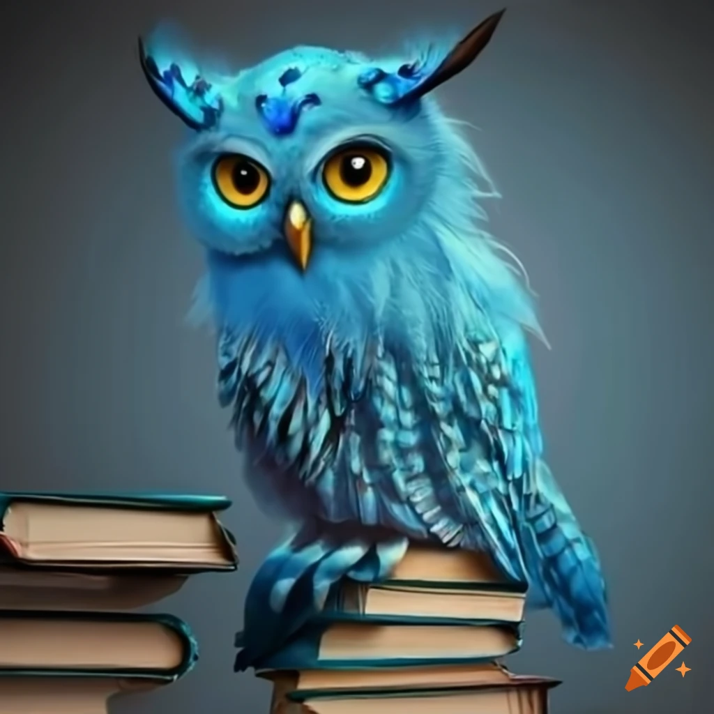 Blue ghostly fantasy owl next to a stack of books on Craiyon