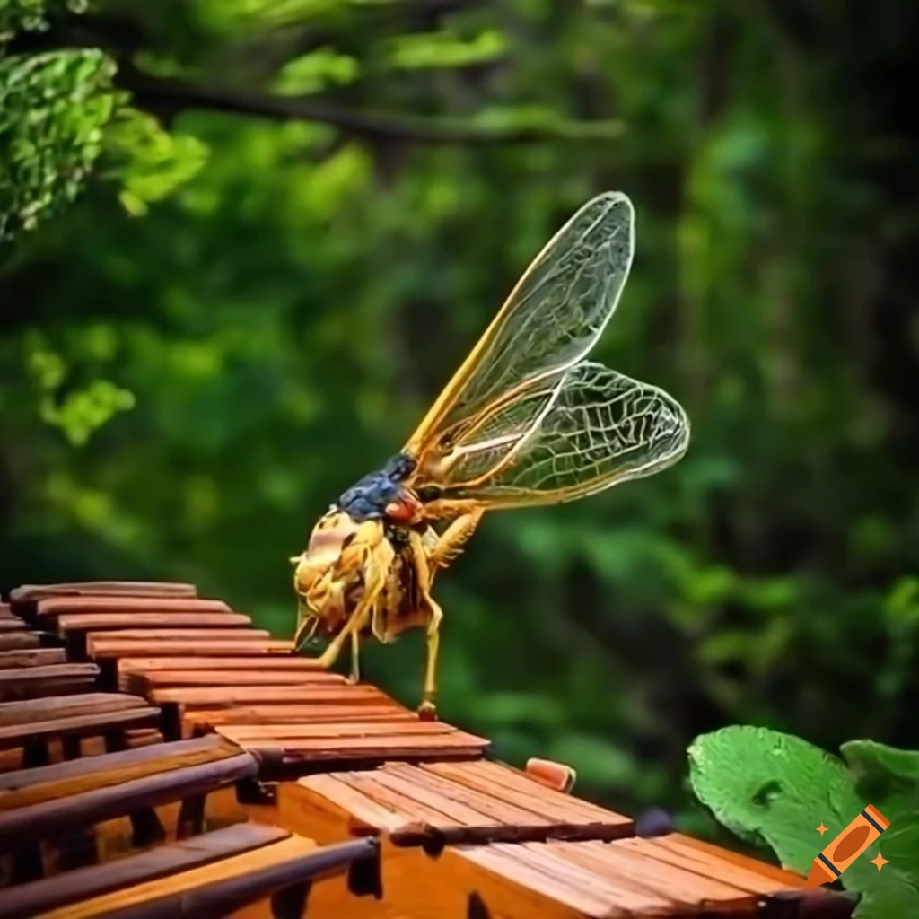 Talented cicada musician on a giant marimba in lush vegetation on Craiyon