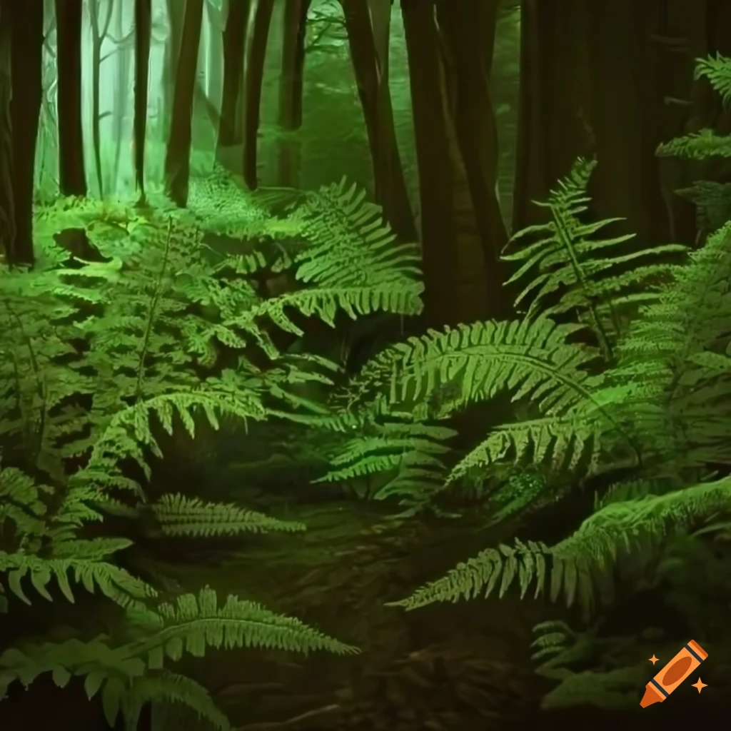 Stylized multiple ferns in a forest on Craiyon