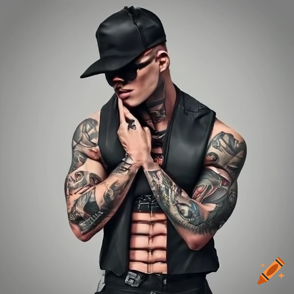 Outfit for a male singer with tribal tattoos, leather waistcoat, and ...