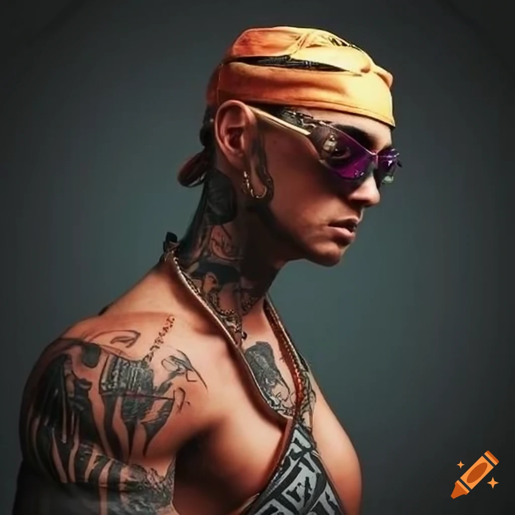 Chunky, muscular singer in black tribal tattoos, leather waistcoat, and ...