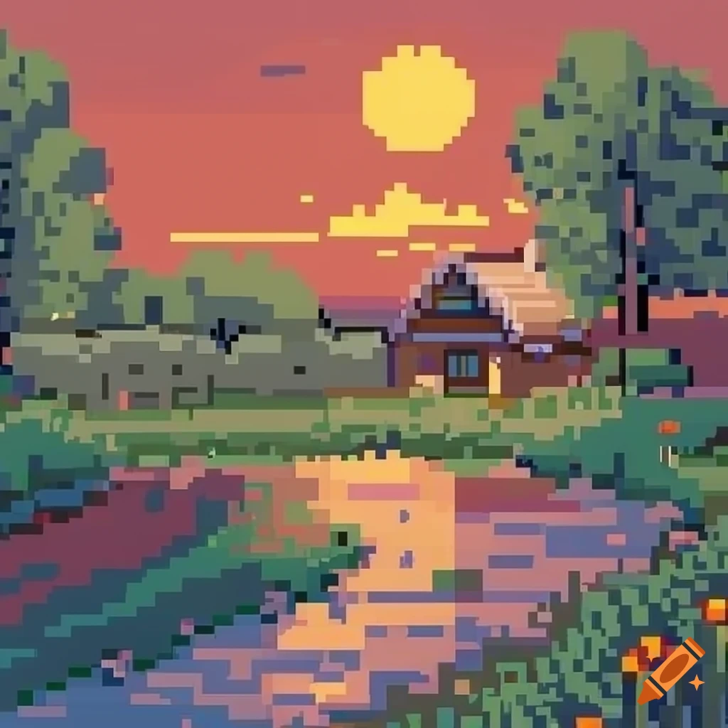 Beautiful spring landscape with a house and river under an orange sky ...