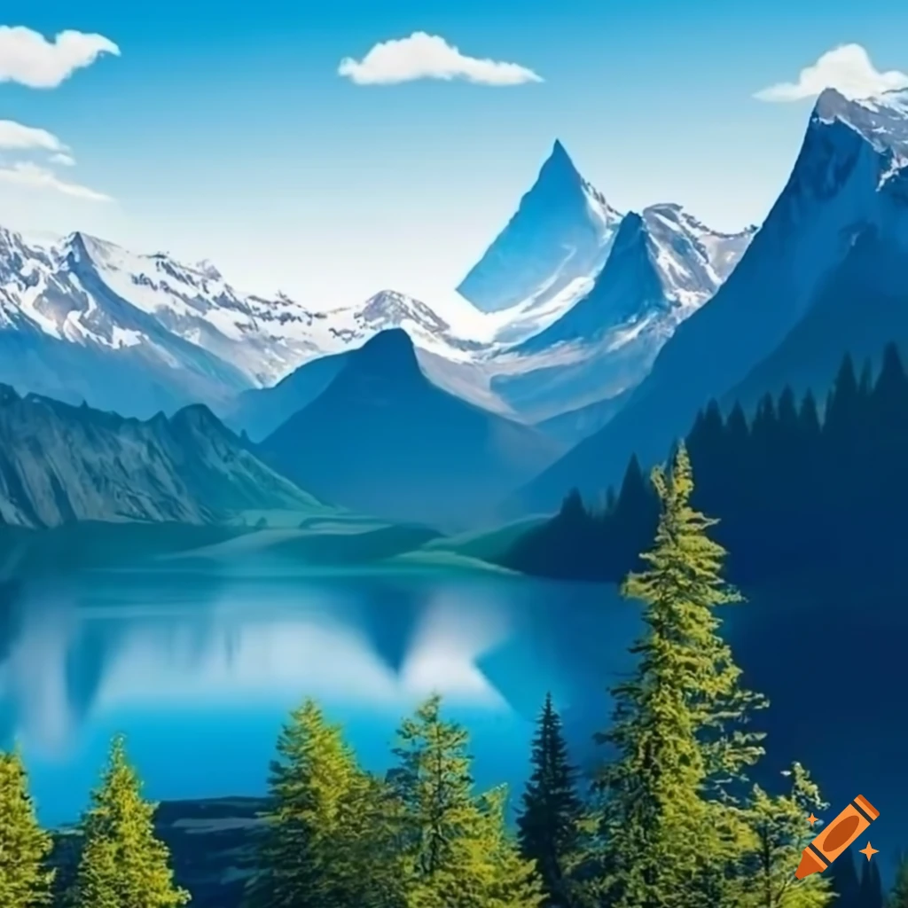 Serene mountain landscape with snow-capped peaks, trails, and lakes on Craiyon