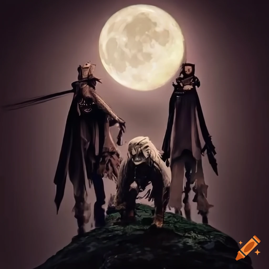 Person in cloak with staff in village under a full moon with werewolf ...