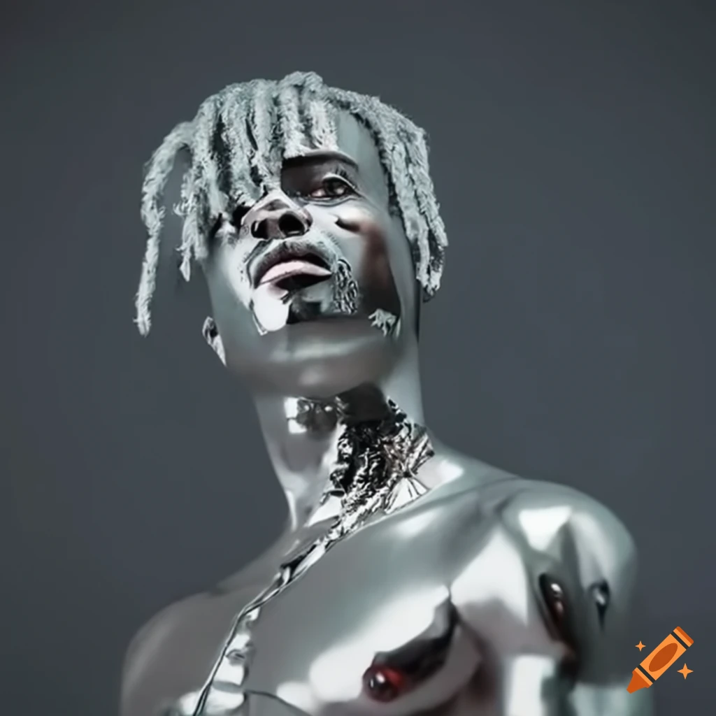 Statue of a rapper made of silver and chrome on Craiyon