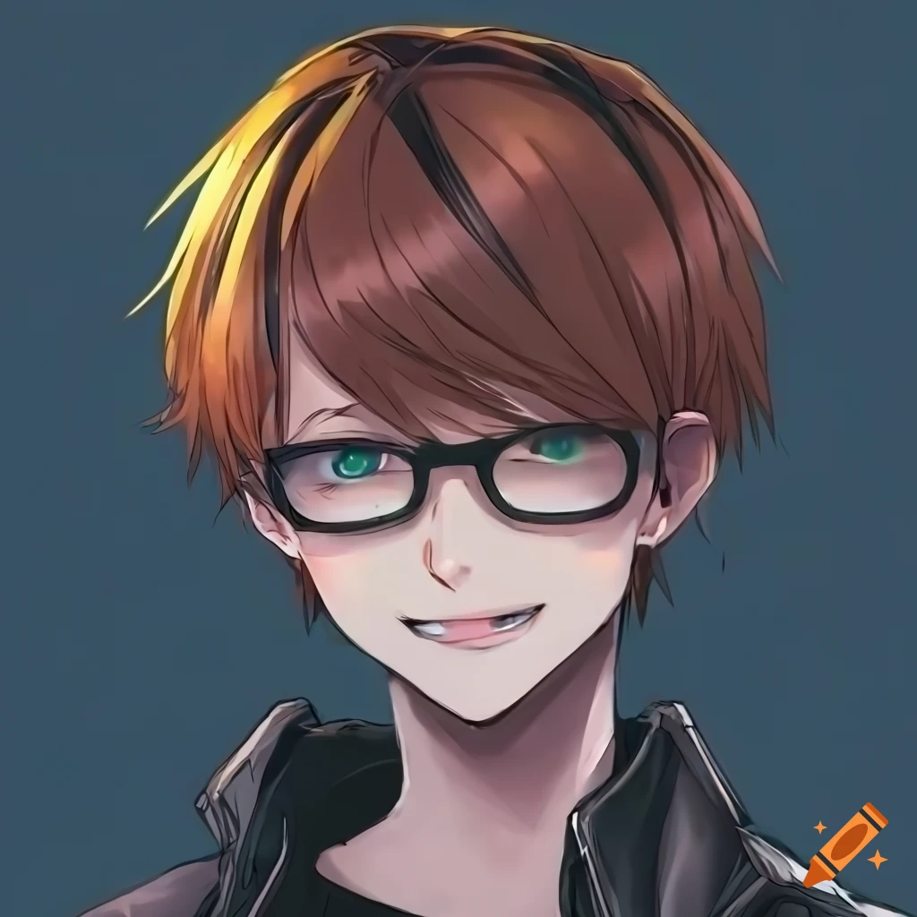 Anime guy with ginger hair, glasses, and leather jacket smiling under ...