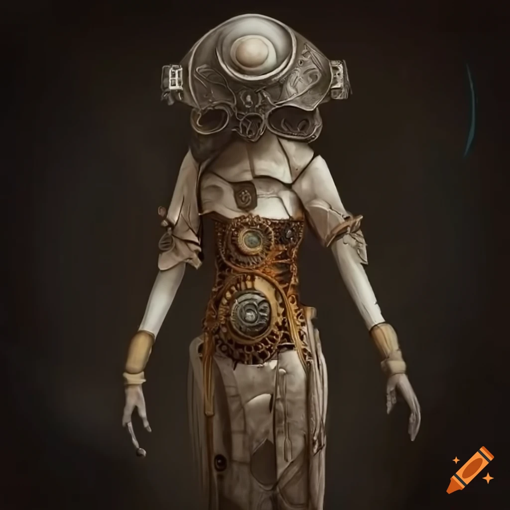 Steampunk character in atmospheric suit with ancient alien technology inspired by snails and ...
