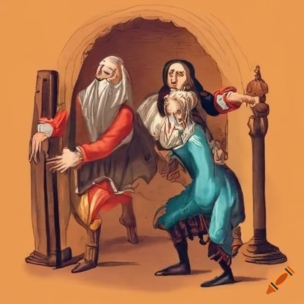 Group of 17th-century persecutors in a cartoon style on Craiyon