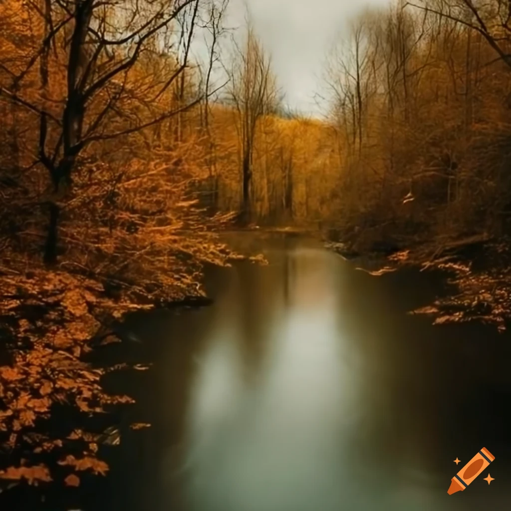 River and trees in the fall captured in a grainy photograph on Craiyon