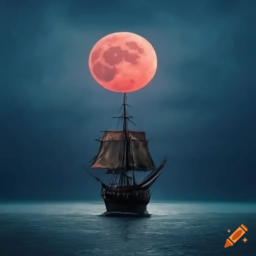 Old ship in the sea under a red moon for emotional and dramatic scenes ...