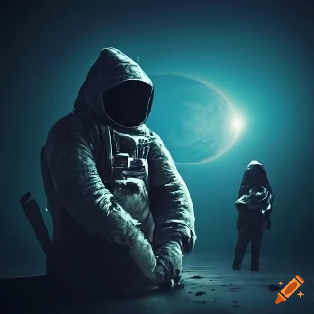 Hooded astronaut freefalling through space with mysterious figures on ...