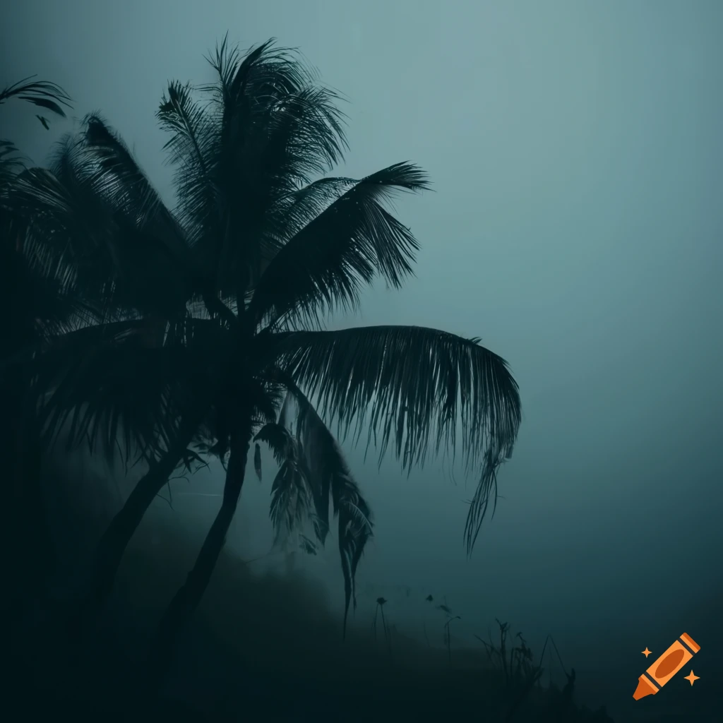 Hazy dark rainy beach with palm trees on Craiyon