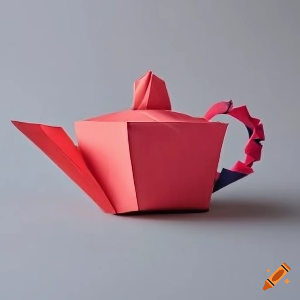 Origami paper teapot in a product photo on Craiyon