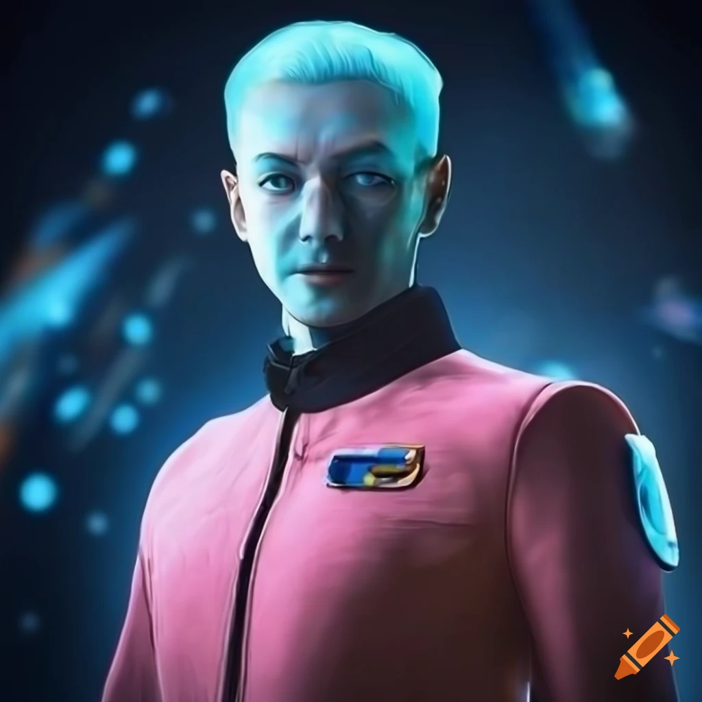 Human male space officer with bird-like aspects and opalescent skin in ...