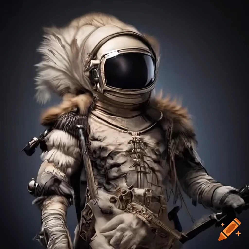 Astronaut barbarian with bones and furs in a post-apocalyptic space ...