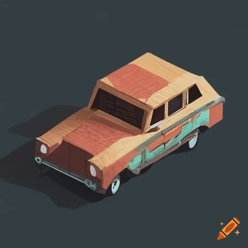 Isometric view of a rustic car on Craiyon