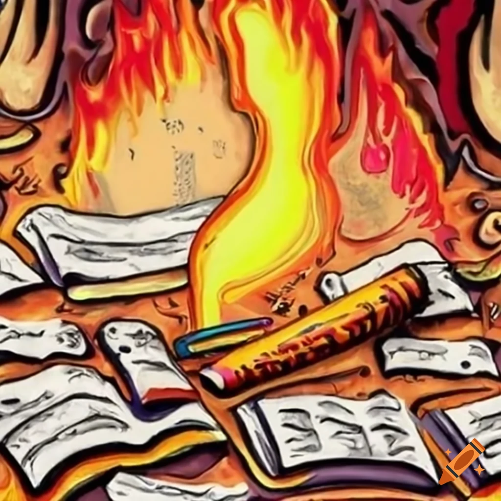 Burning scrolls with musical sheets and papyrus in fiery inferno on Craiyon