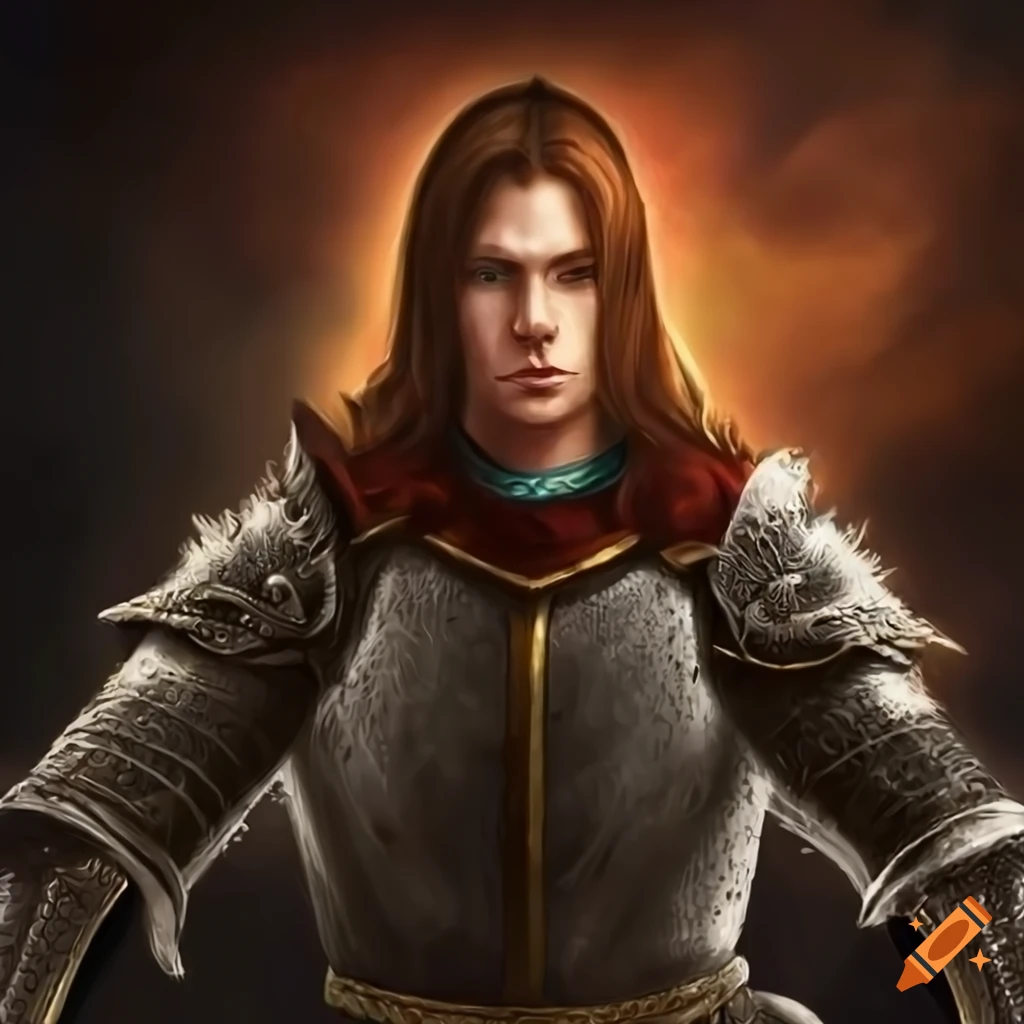 Dynamic portrait of a knight with falchion sword against a dramatic ...