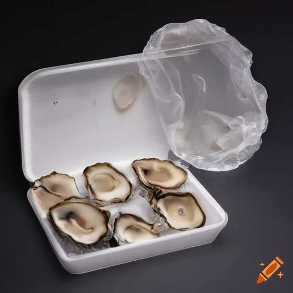Oyster shells in clear plastic packaging in a styrofoam box on Craiyon