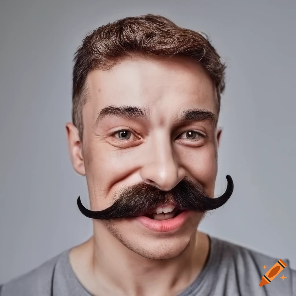 Portrait of a man with an imposing mustache smiling on light gray ...